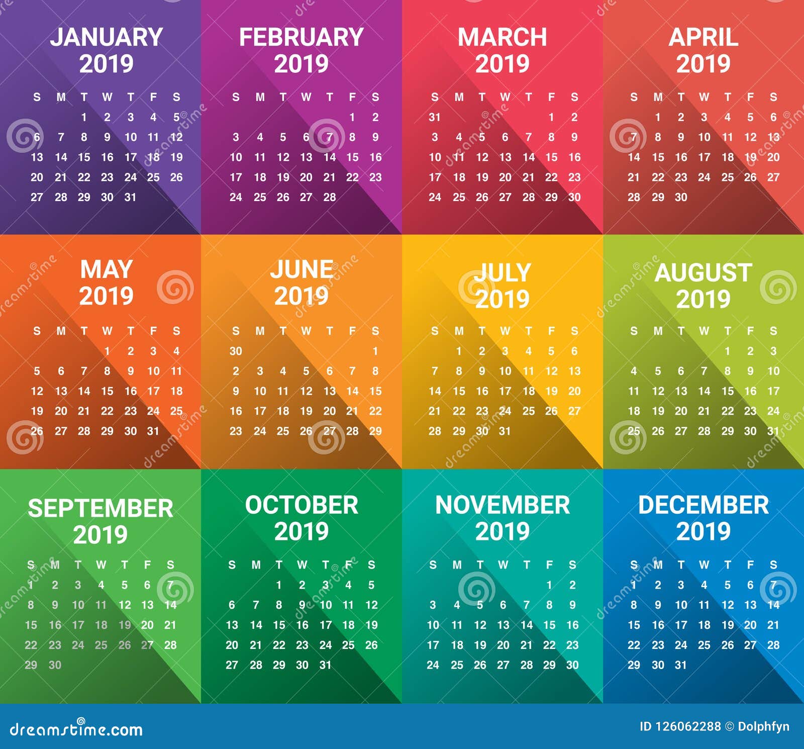 Year 2019 Calendar Vector Design Template Stock Vector - Illustration ...