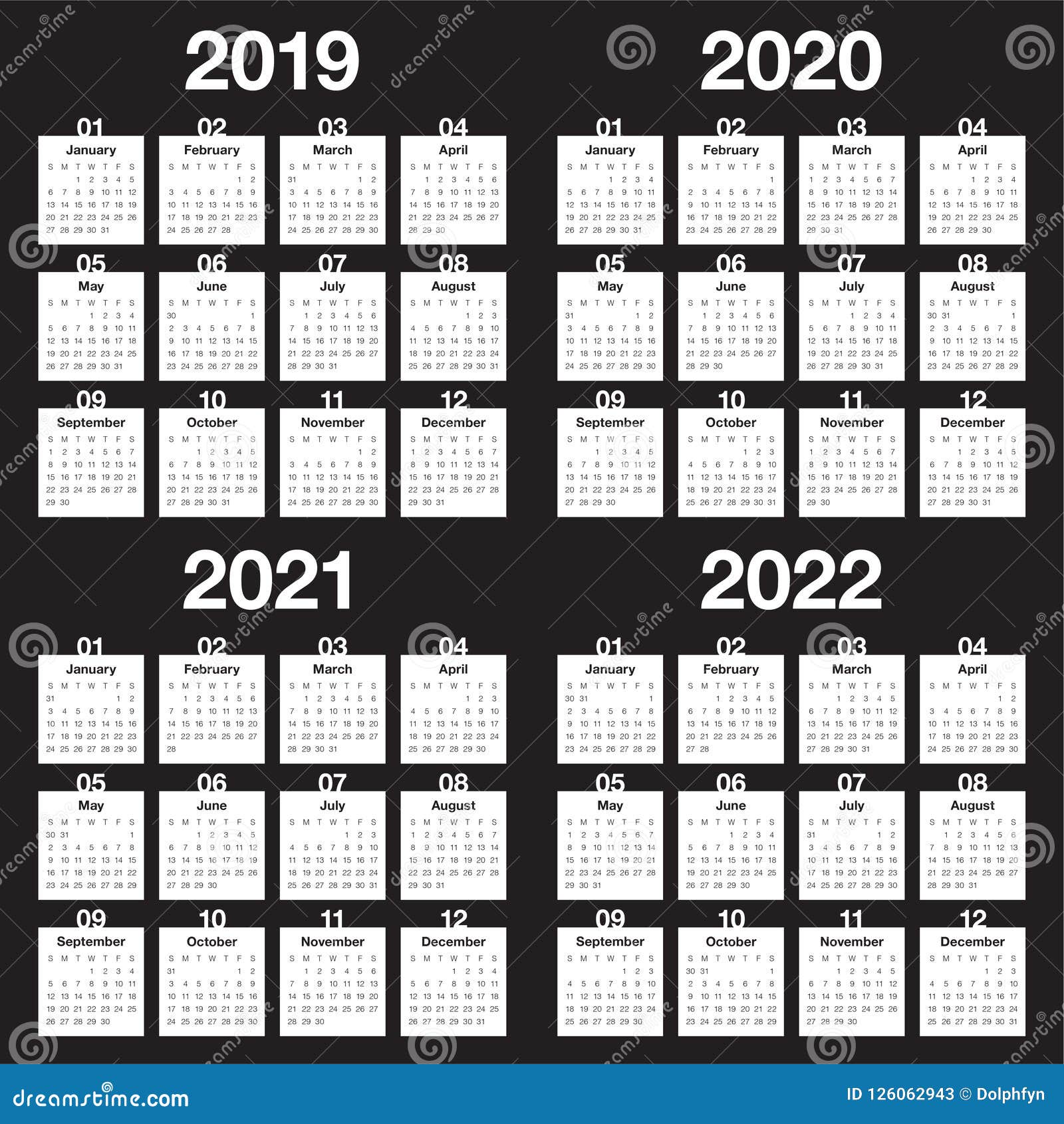Year 2019 2020 2021 2022 Calendar Vector Design Template Stock Vector ...
