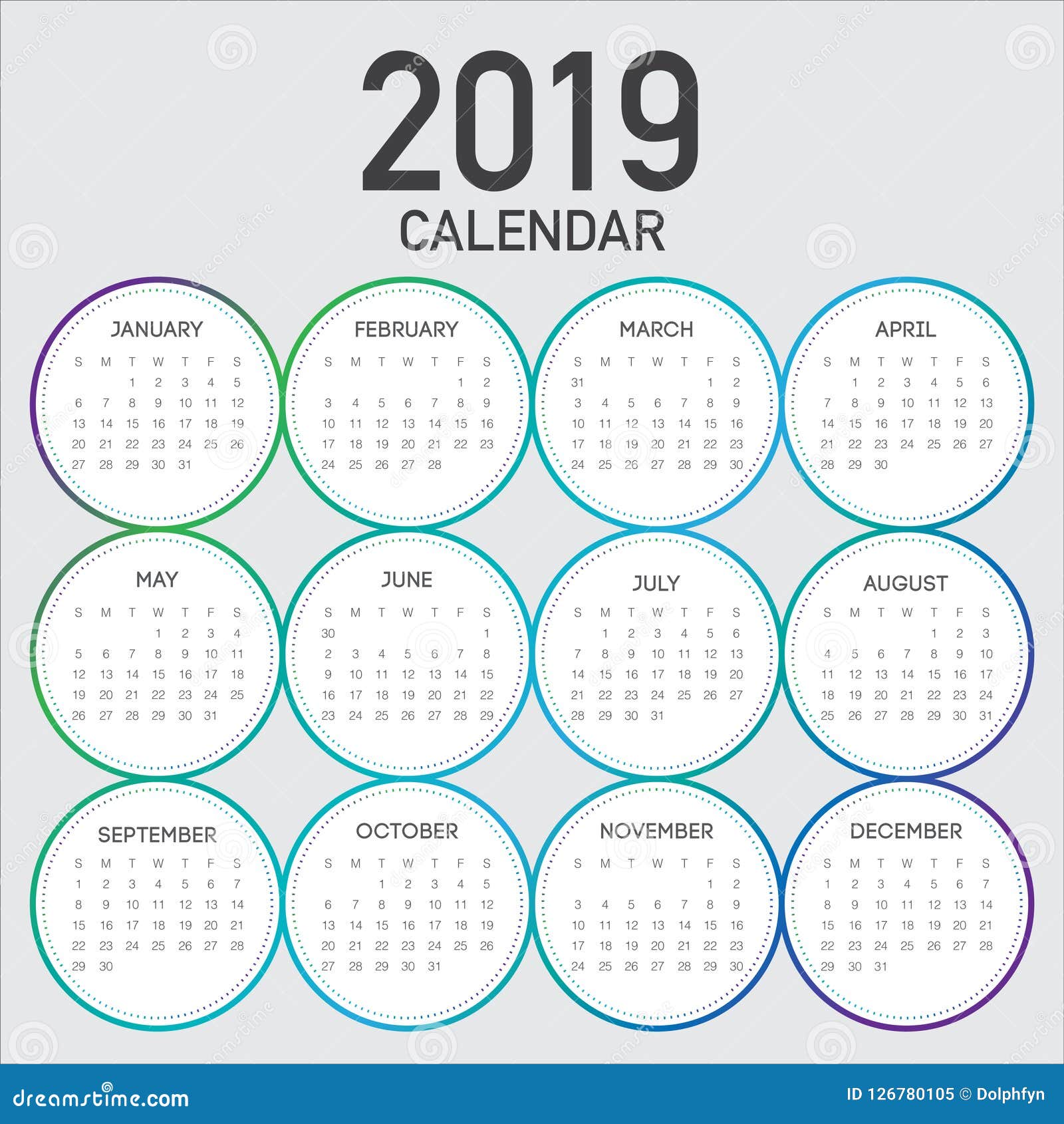 Year 2019 Calendar Vector Design Template Stock Vector - Illustration ...