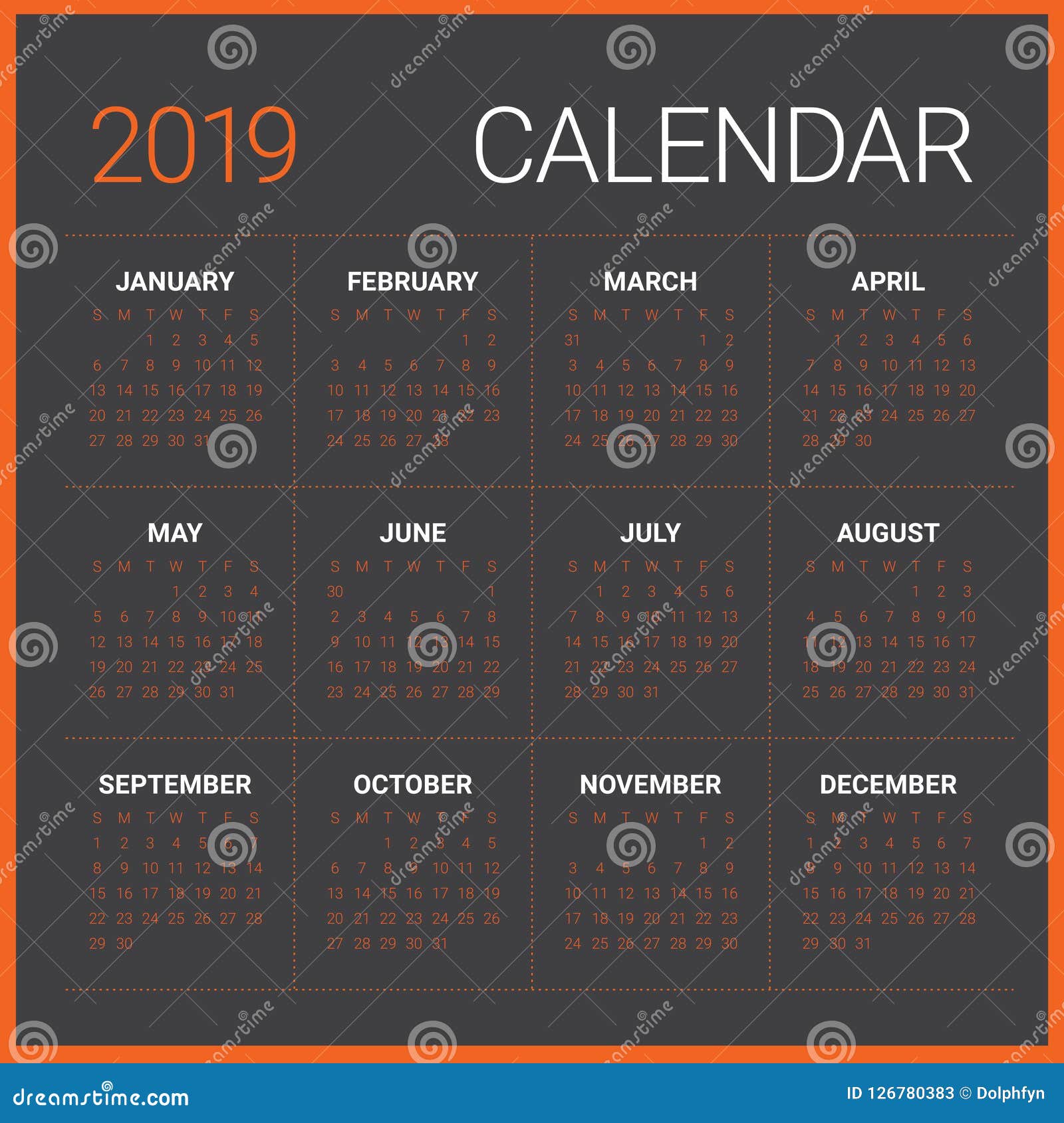 Year 2019 Calendar Vector Design Template Stock Vector - Illustration ...