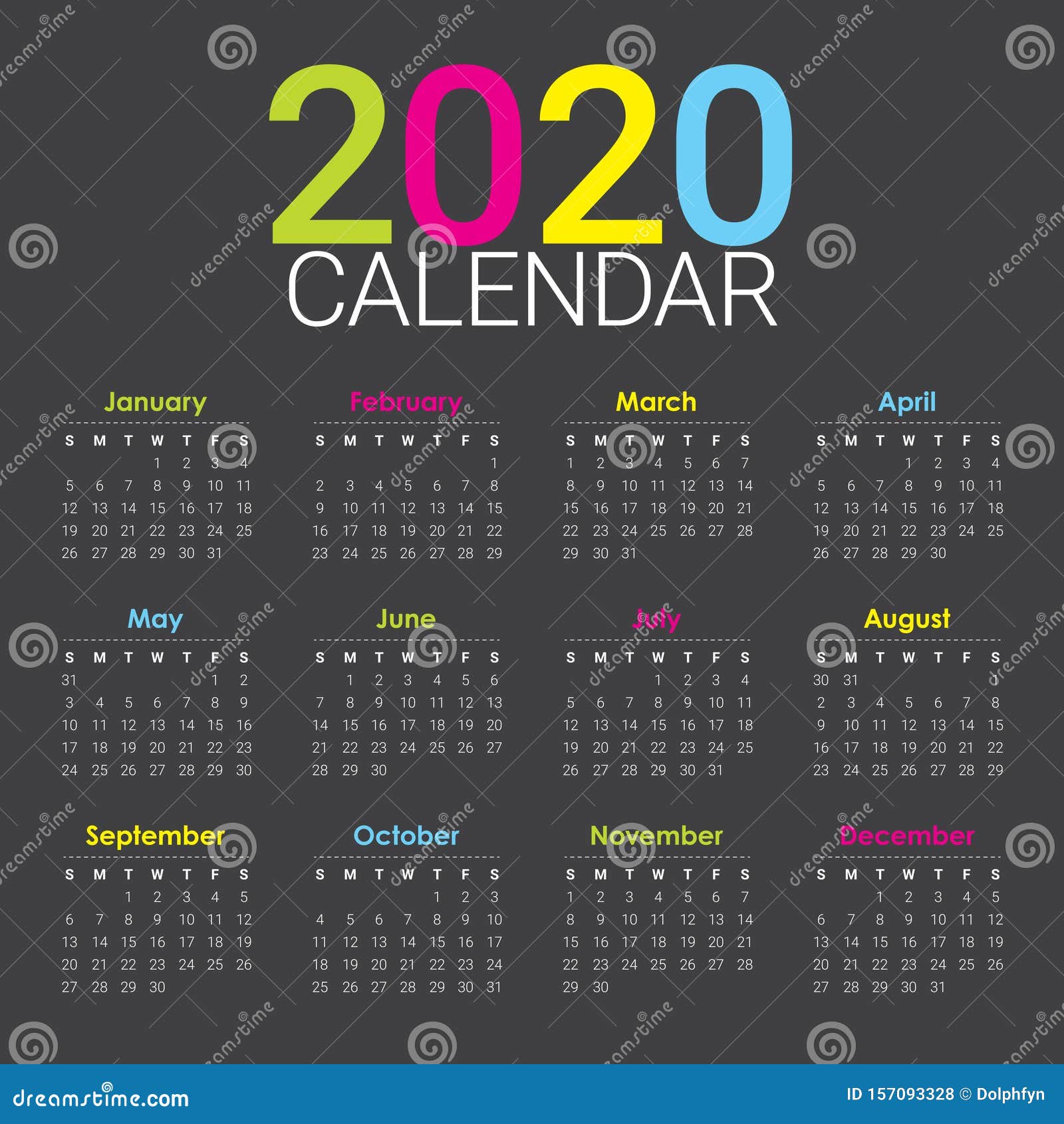 Year 2020 Calendar Vector Design Template Stock Vector - Illustration ...