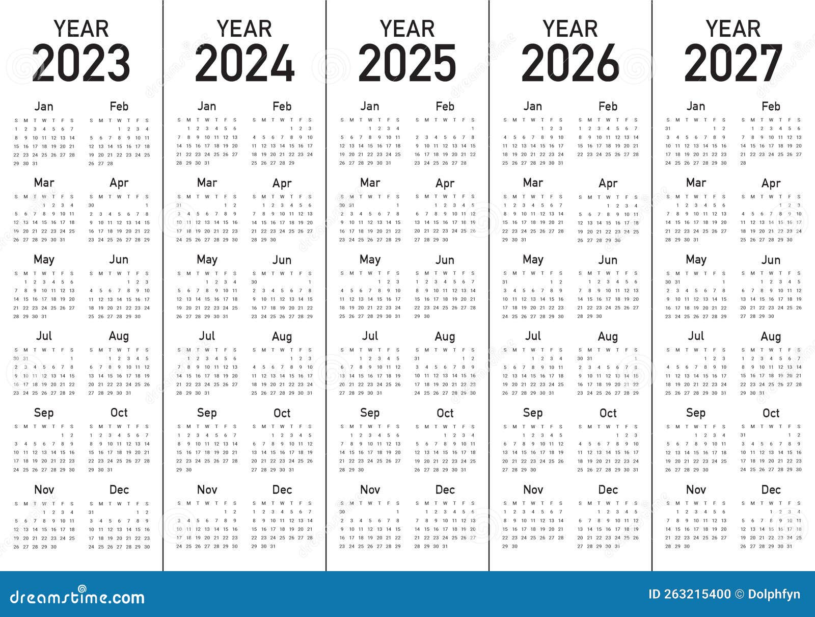 2023-2027 Year Calendar stock vector. Illustration of 2026 - 263215400