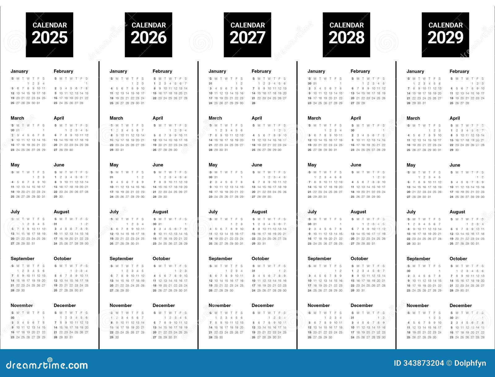 2025-2029 Year Calendar Cartoon Vector | CartoonDealer.com #343873257