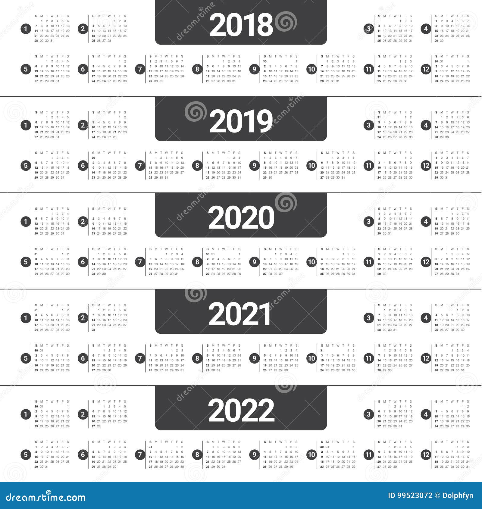 Year 2018 2019 2020 2021 2022 Calendar Vector Stock Vector ...