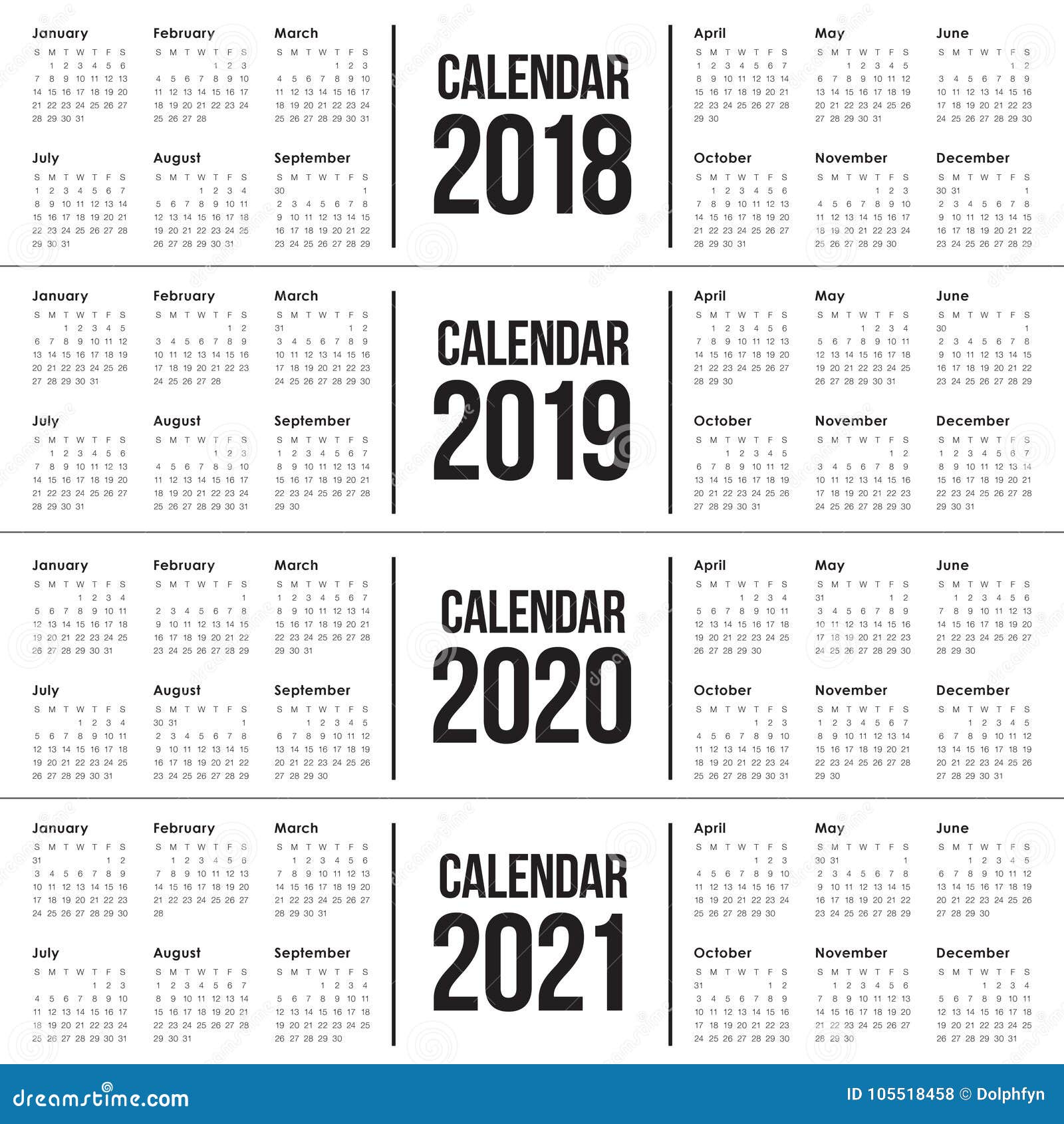 Year 2018 2019 2020 2021 Calendar Vector Stock Vector - Illustration of ...
