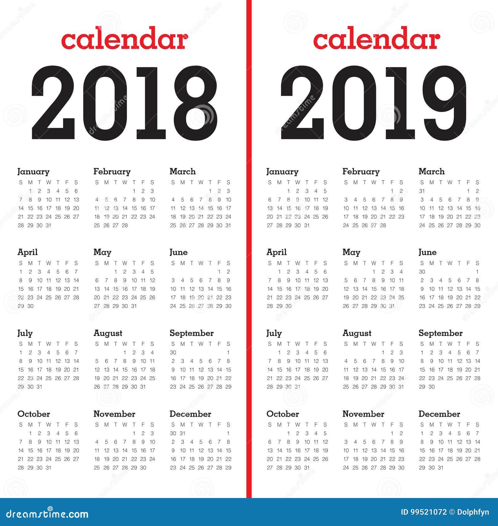 Year 2018 2019 Calendar Vector Stock Vector - Illustration of vector ...
