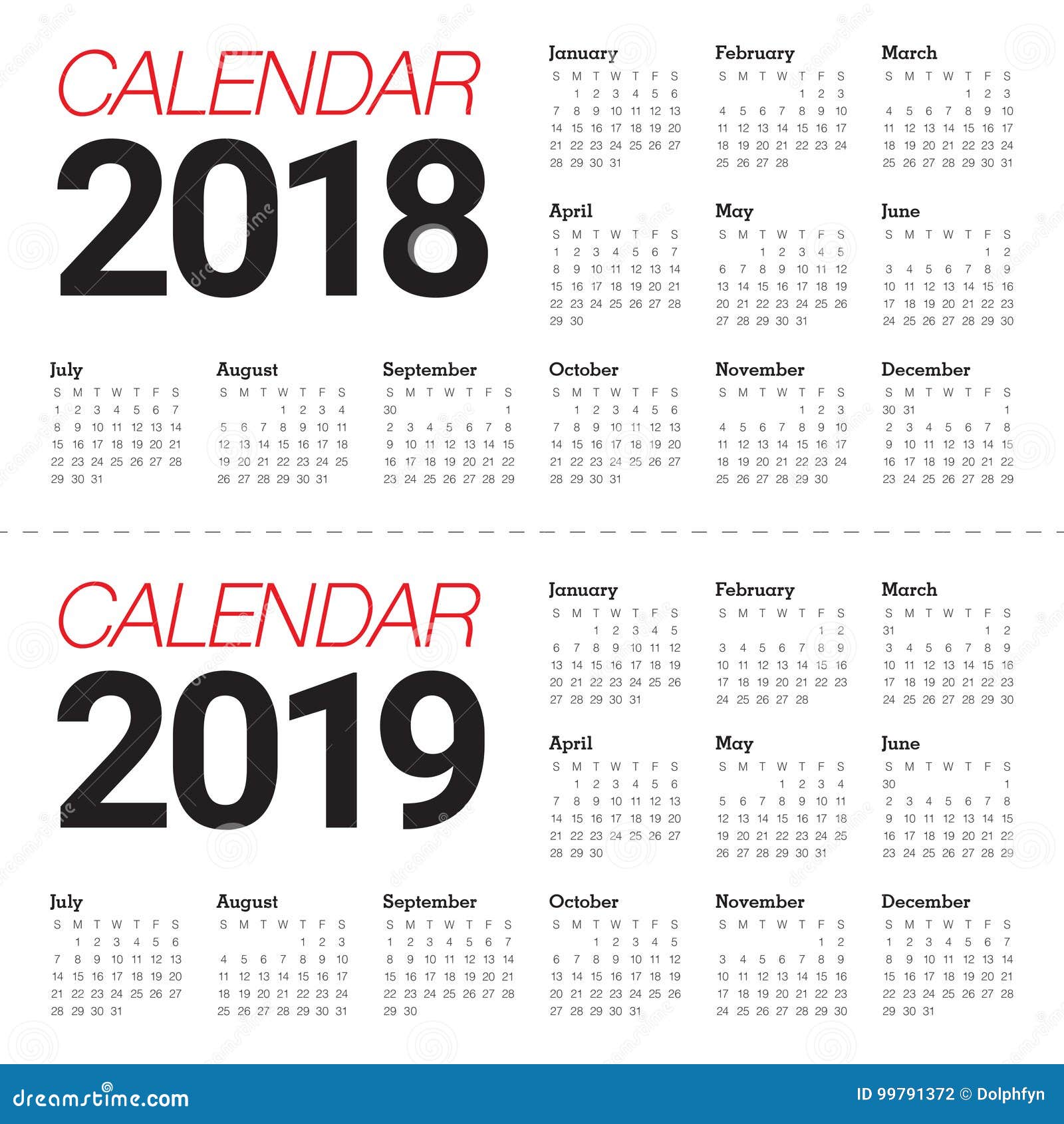 Year 2018 2019 Calendar Vector Stock Vector - Illustration of calendar ...