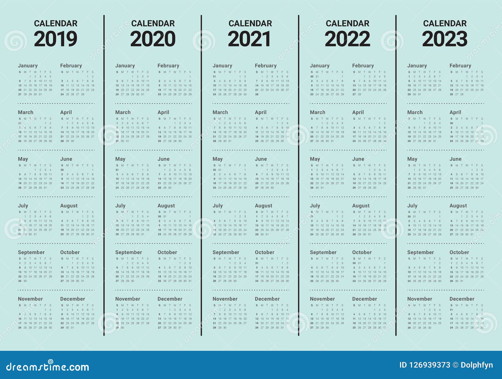 Year 2019 2020 2021 2022 2023 Calendar Vector Design Template Stock ...