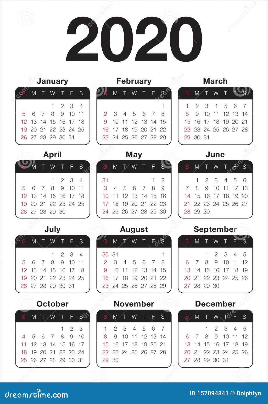 Year 2020 Calendar Vector Design Template Stock Vector - Illustration ...
