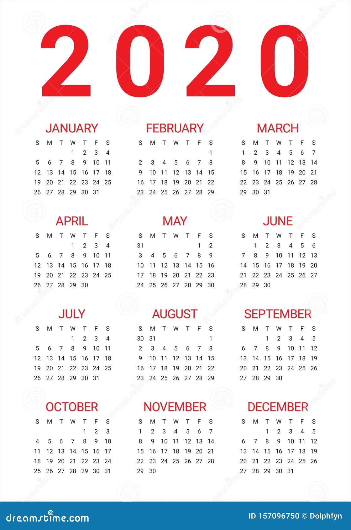 Year 2020 Calendar Vector Design Template Stock Vector - Illustration ...