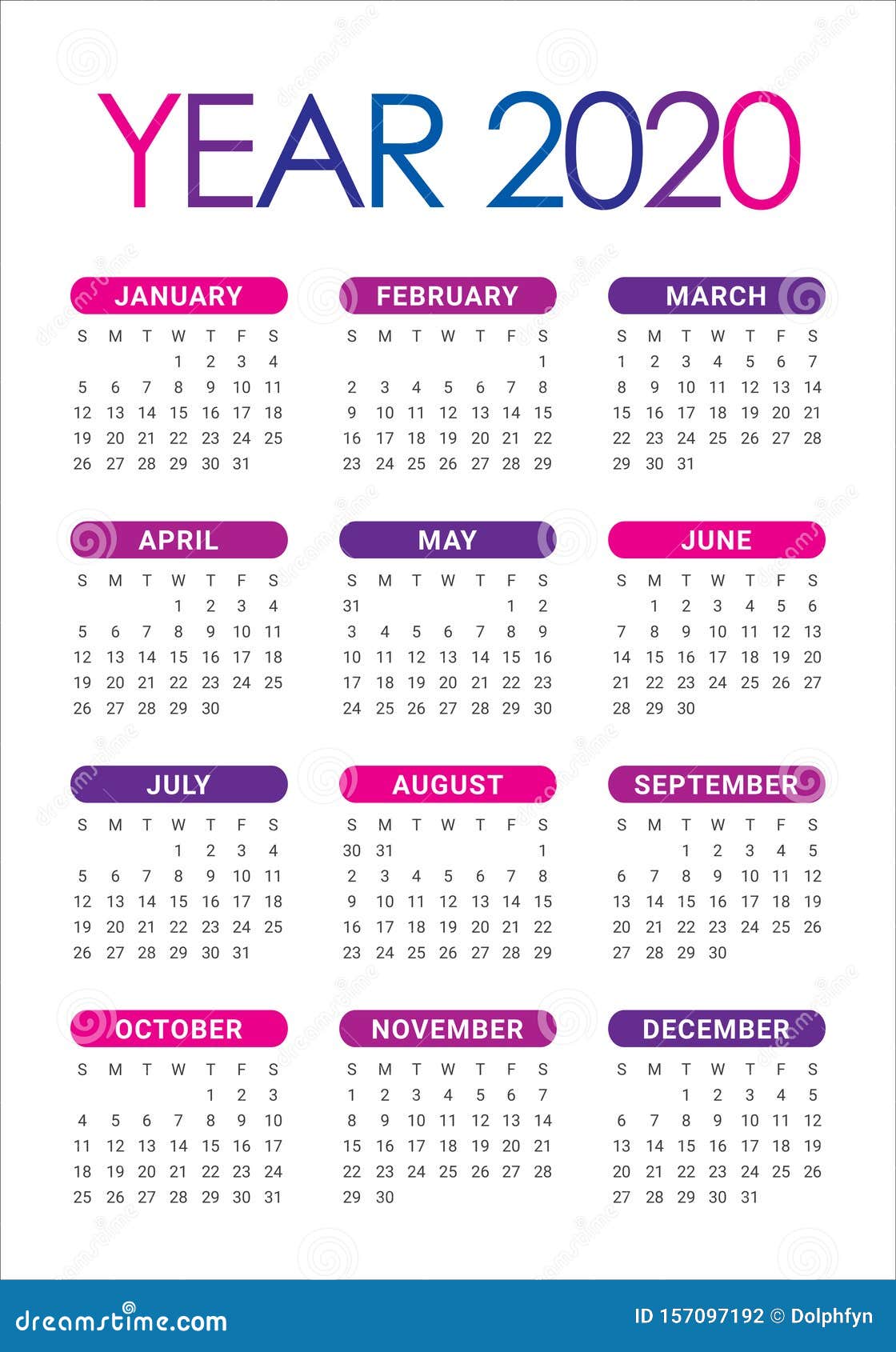 Year 2020 Calendar Vector Design Template Stock Vector - Illustration ...