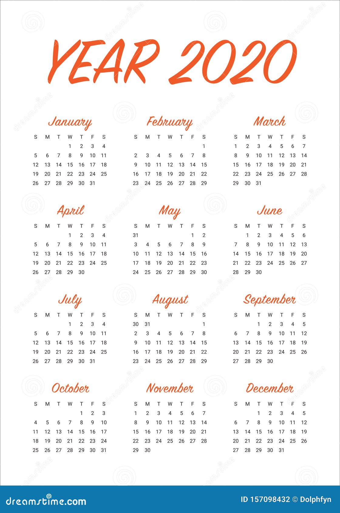 Year 2020 Calendar Vector Design Template Stock Vector - Illustration ...