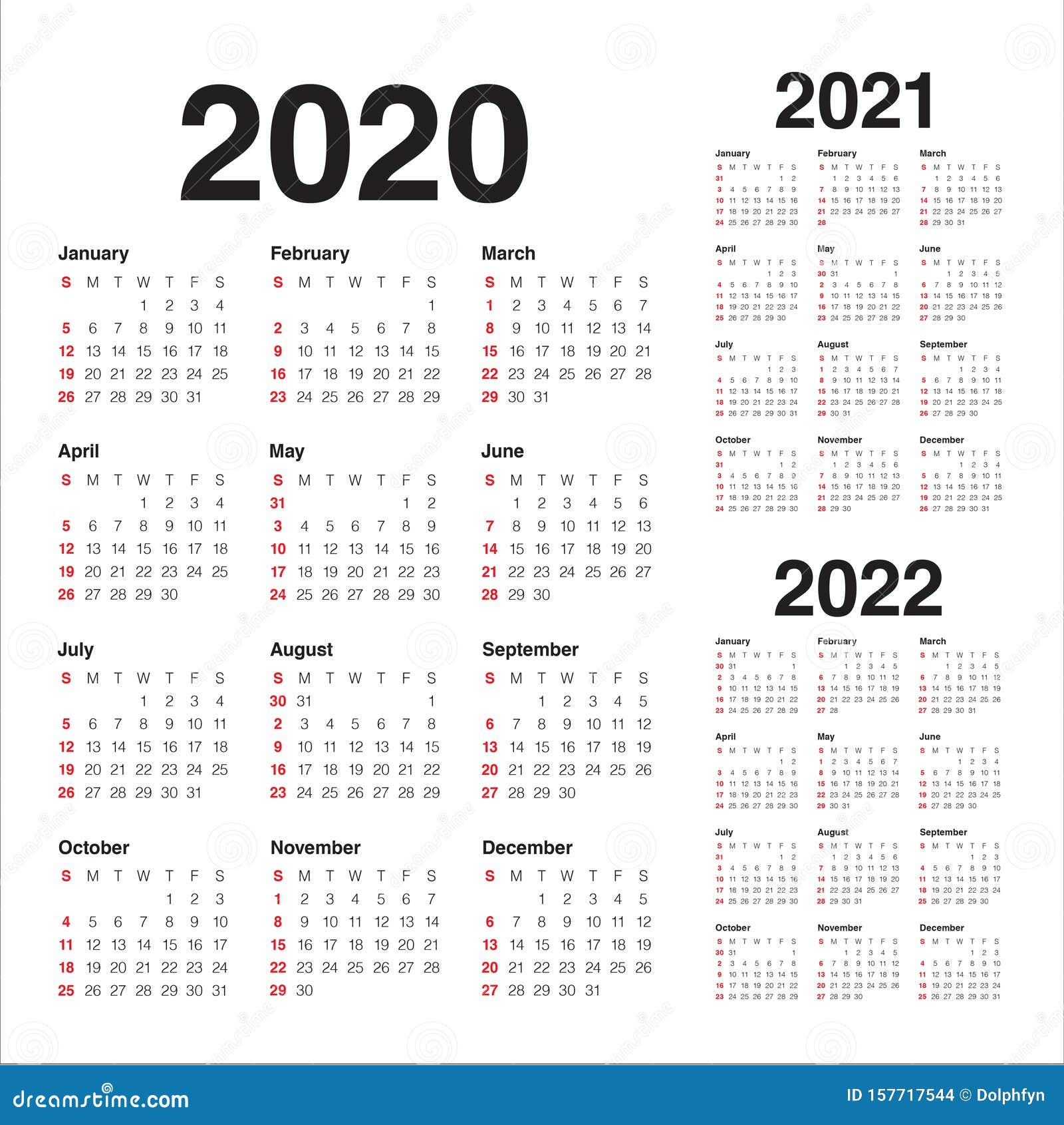 Year 2020 2021 2022 Calendar Vector Design Template Stock Vector ...