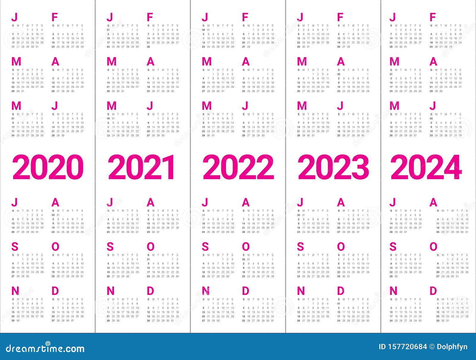 Year 2020 2021 2022 2023 2024 Calendar Vector Design Template Stock ...