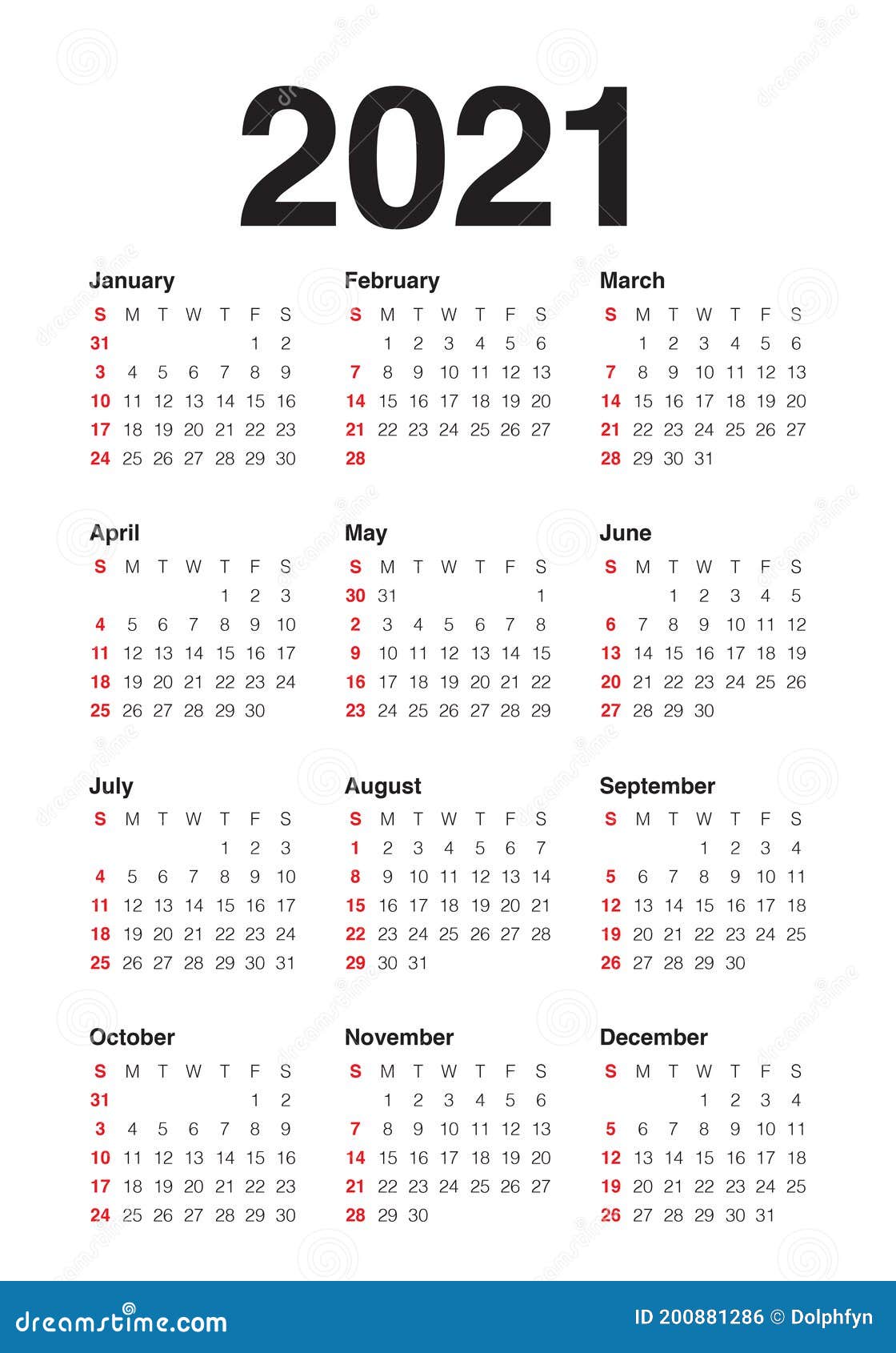 Year 2021 Calendar Vector Design Template Stock Vector - Illustration ...