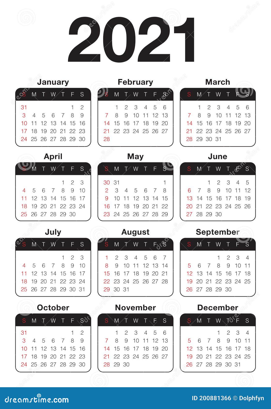 Year 2021 Calendar Vector Design Template Stock Vector - Illustration ...