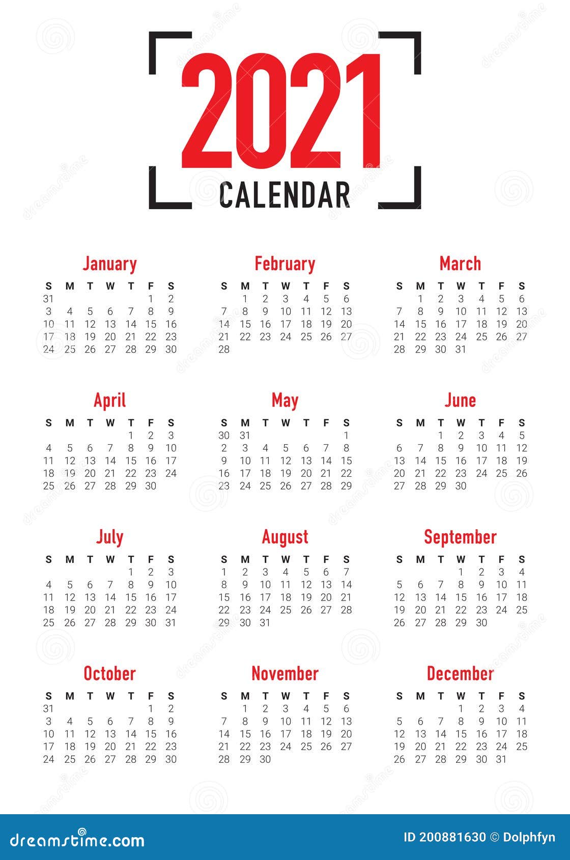 Year 2021 Calendar Vector Design Template Stock Vector - Illustration ...