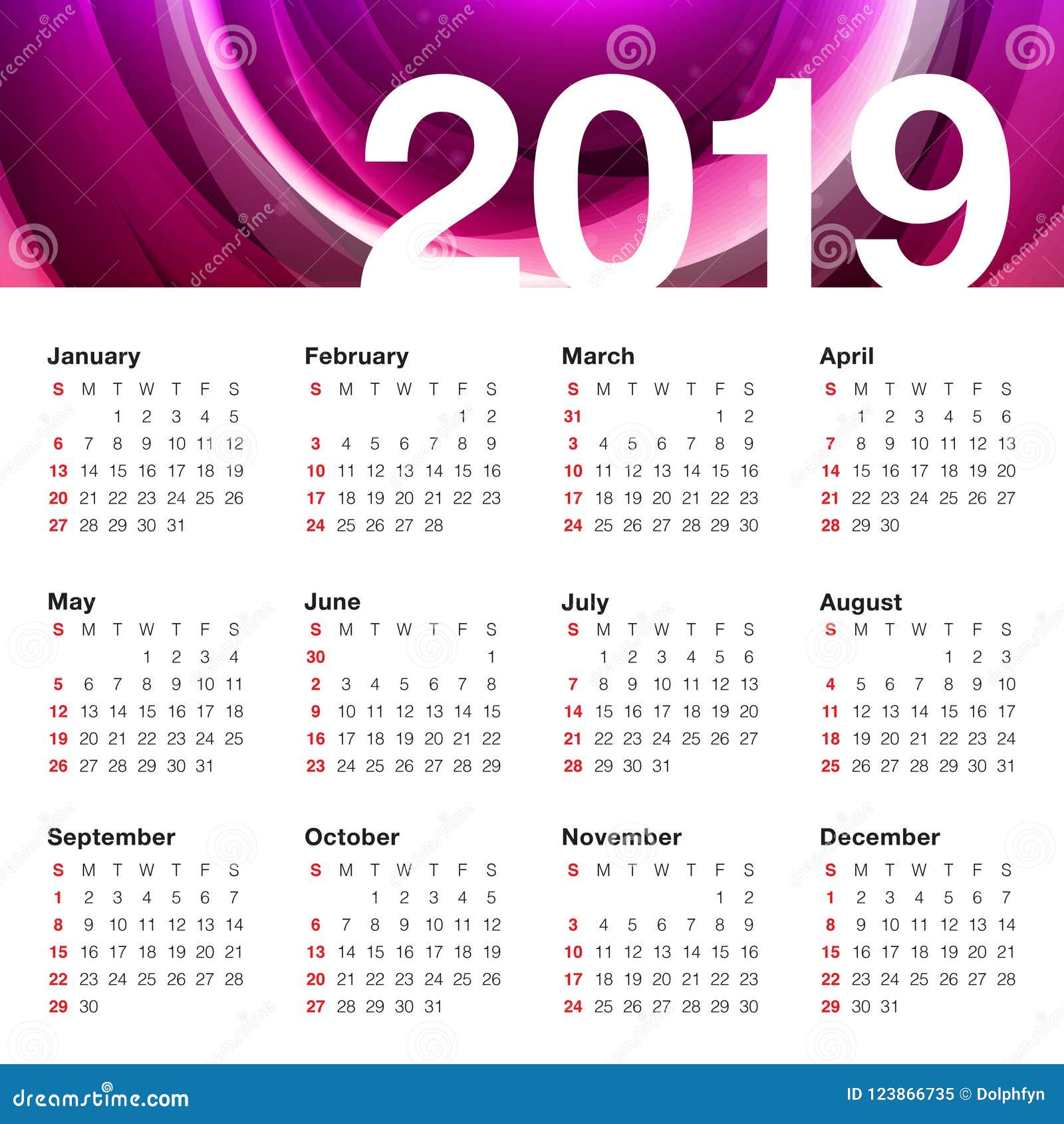 Year 2019 Calendar Vector Design Template Stock Vector - Illustration ...