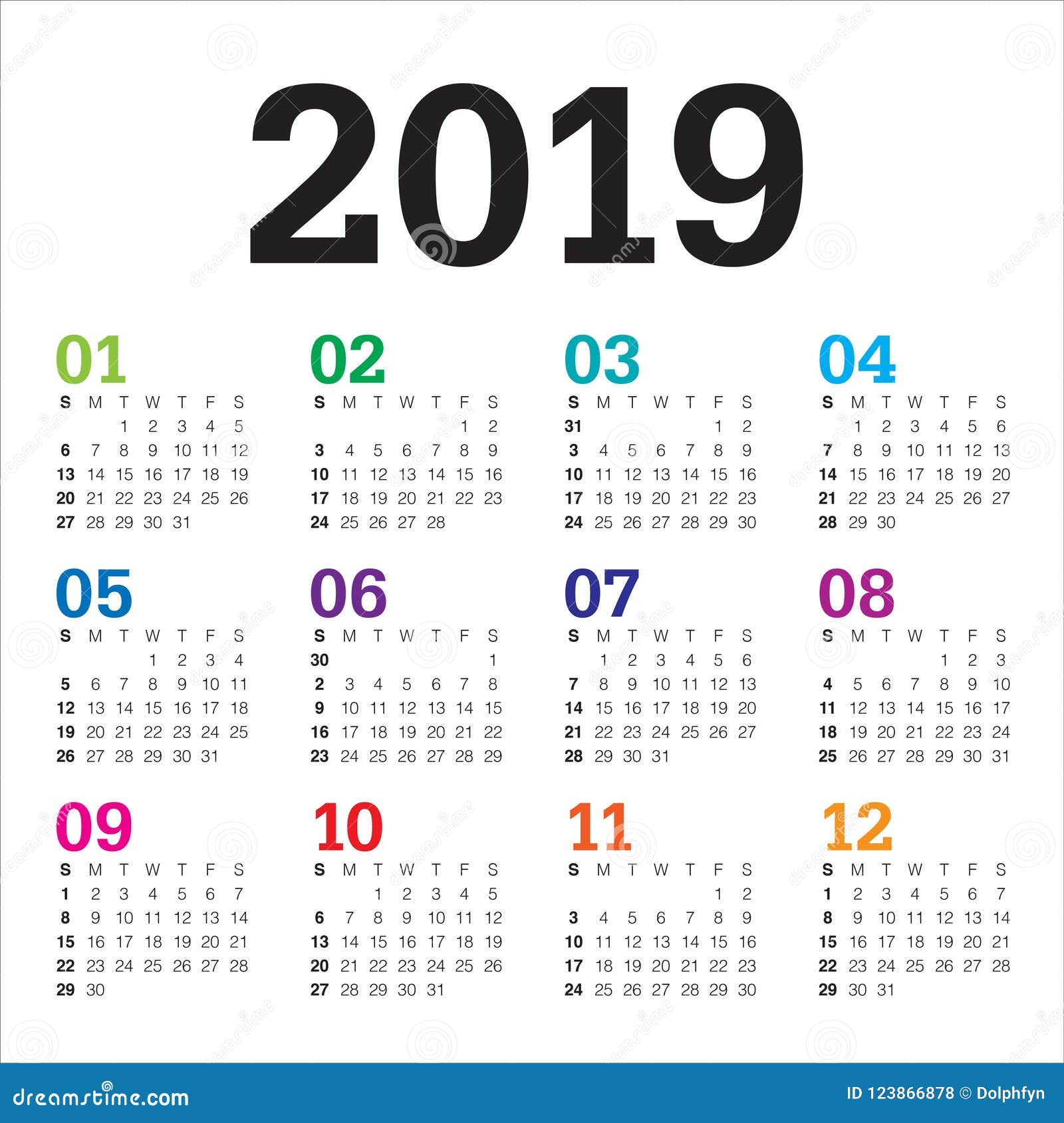Year 2019 Calendar Vector Design Template Stock Vector - Illustration ...