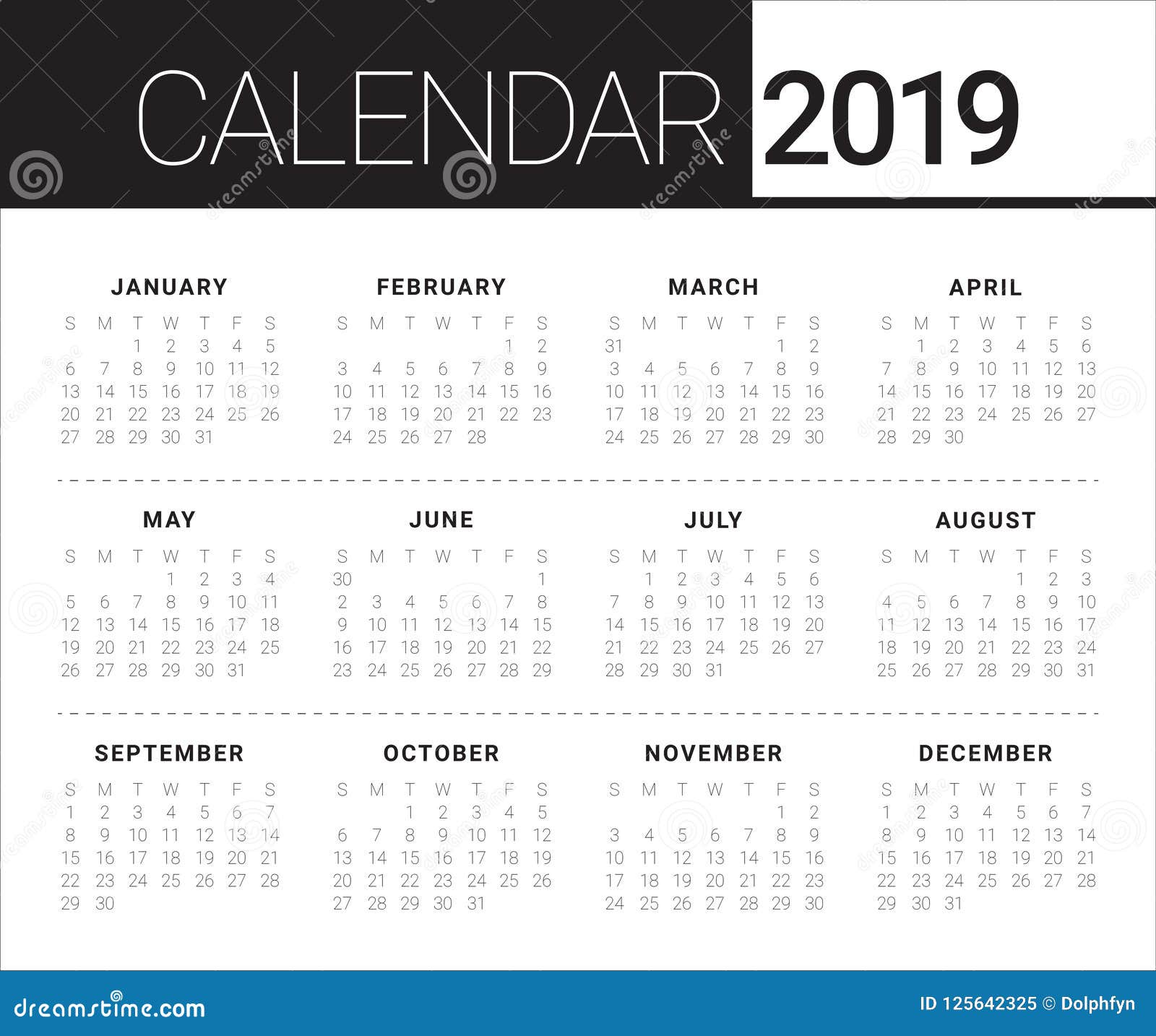 Year 2019 Calendar Vector Design Template Stock Vector - Illustration ...