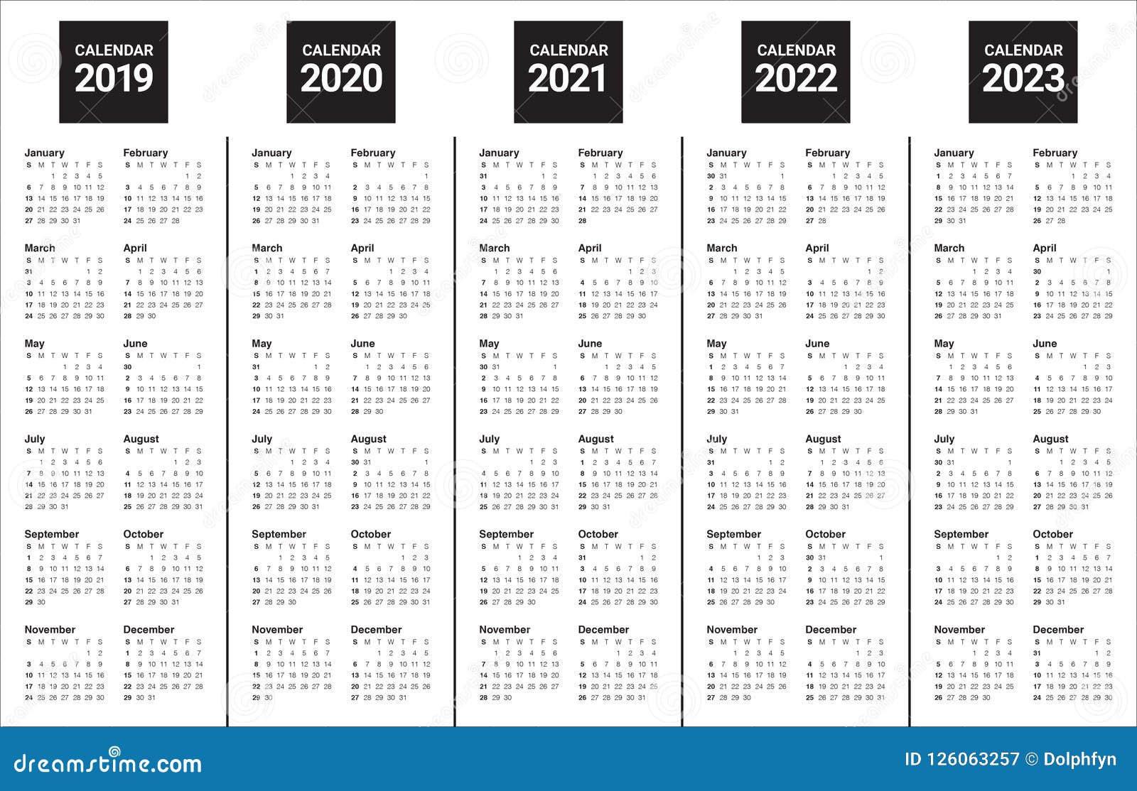 Year 2019 2020 2021 2022 2023 Calendar Vector Design Template Stock ...