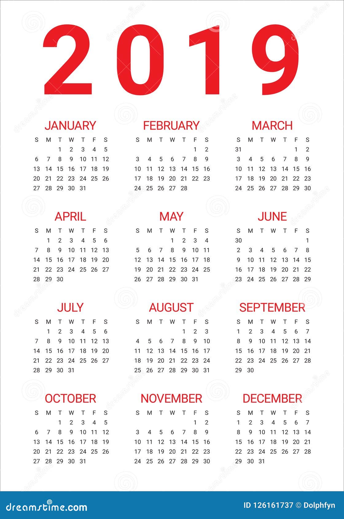 Year 2019 Calendar Vector Design Template Stock Vector - Illustration ...