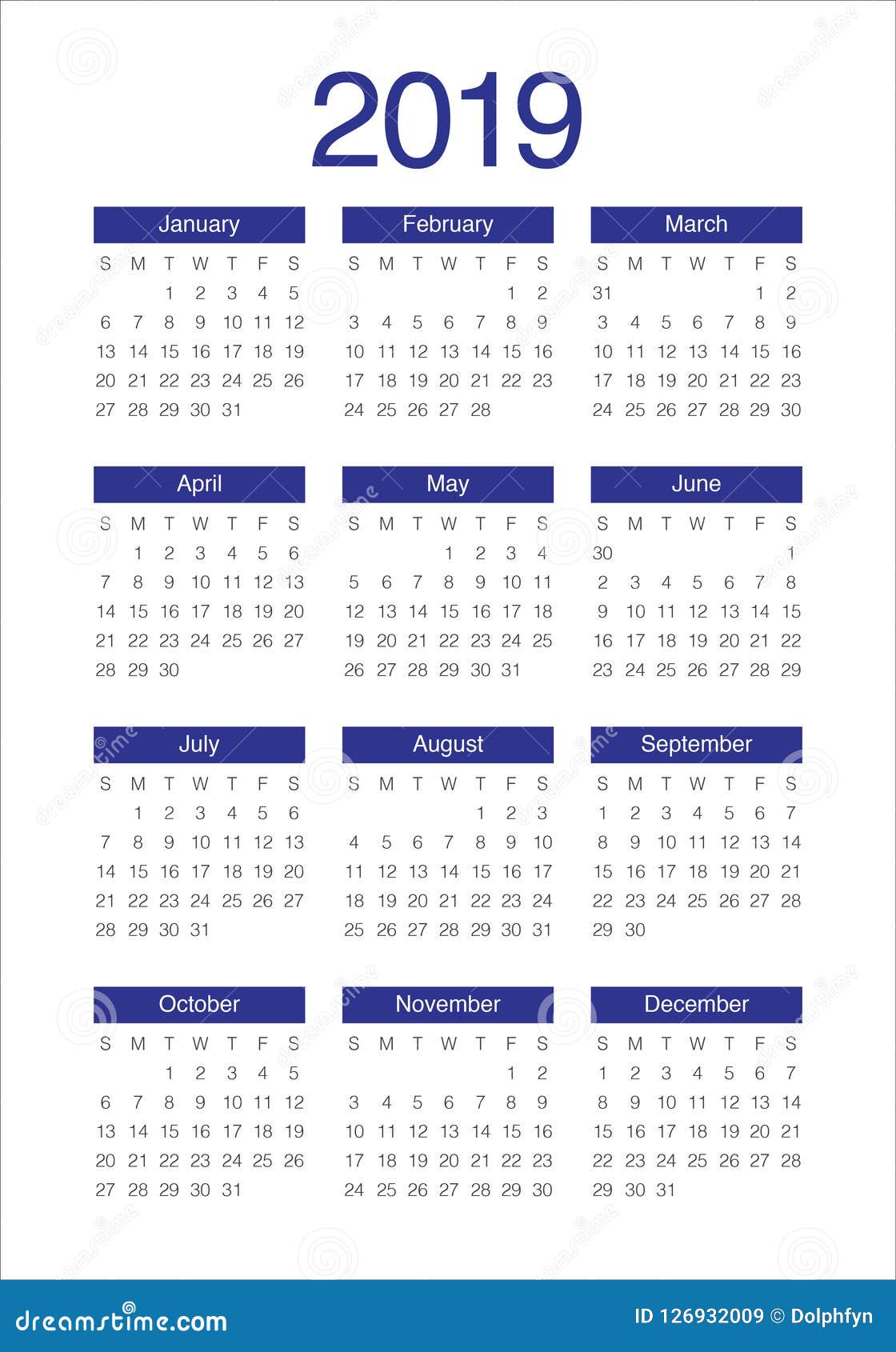 Year 2019 Calendar Vector Design Template Stock Vector - Illustration ...