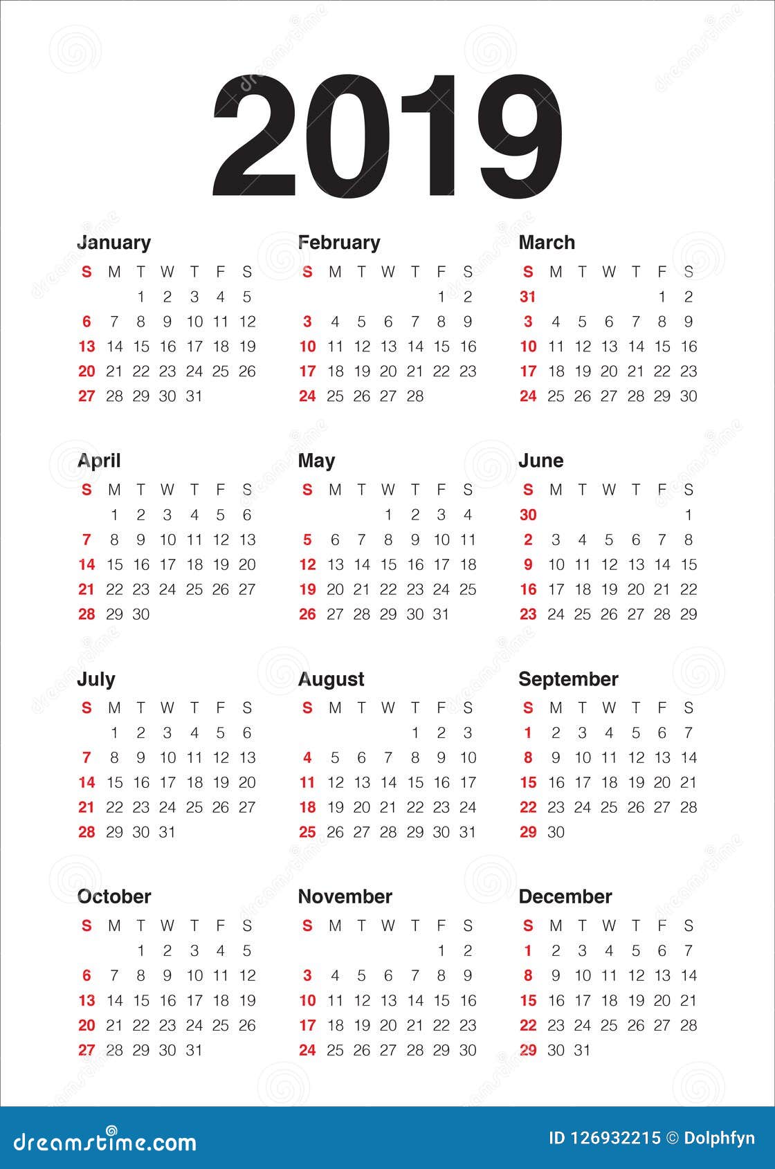 Year 2019 Calendar Vector Design Template Stock Vector - Illustration ...