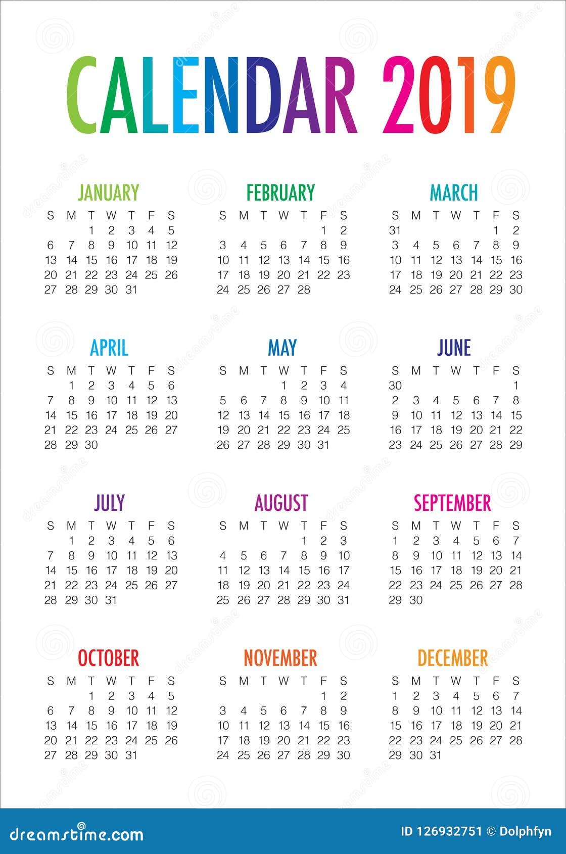 Year 2019 Calendar Vector Design Template Stock Vector - Illustration ...