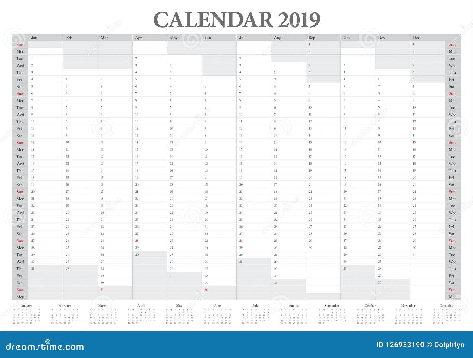 Year 2019 Calendar Vector Design Template Stock Vector - Illustration ...