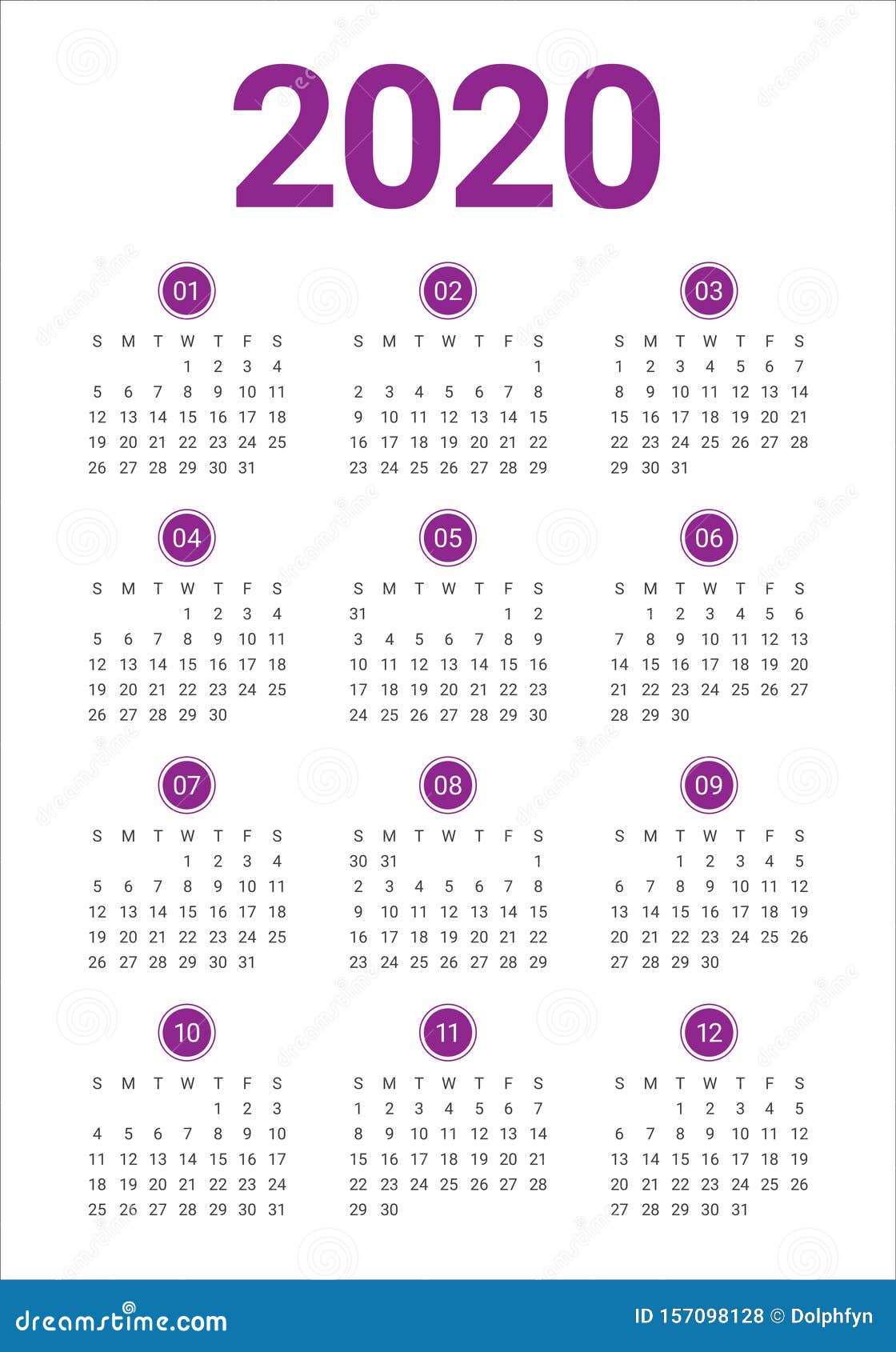 Year 2020 Calendar Vector Design Template Stock Vector - Illustration ...