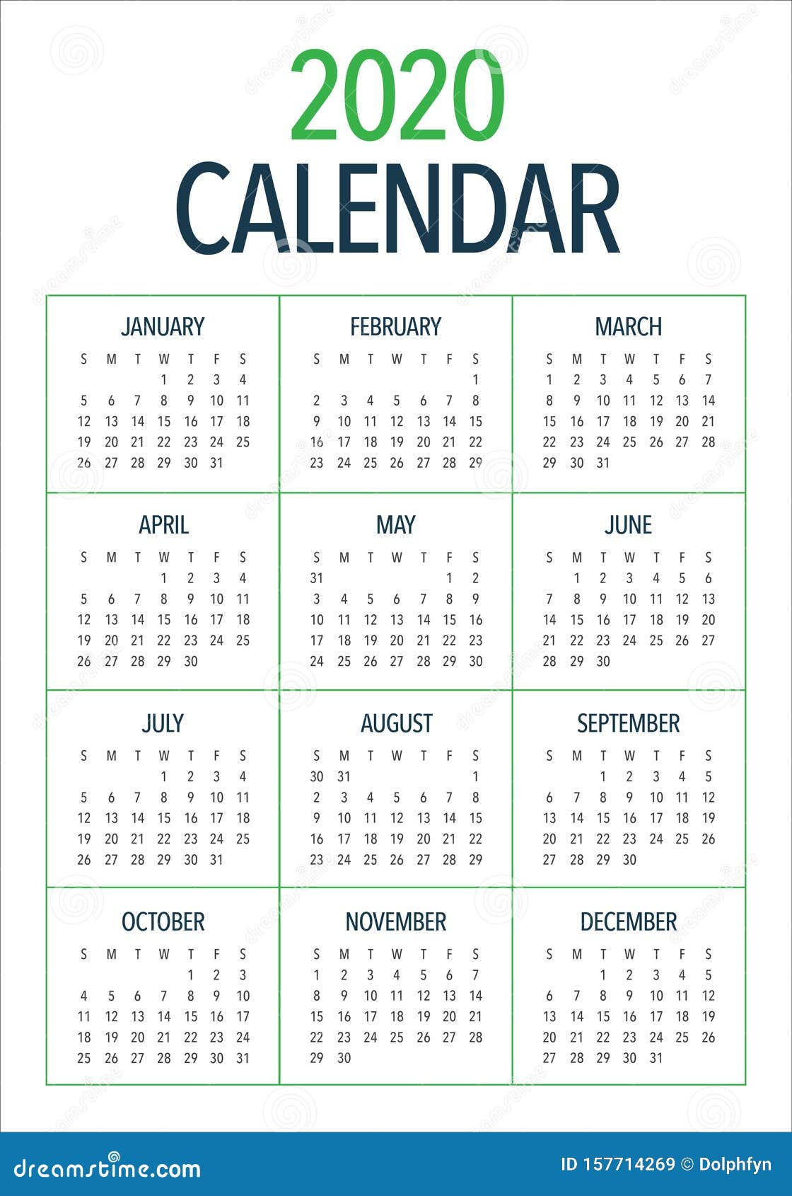Year 2020 Calendar Vector Design Template Stock Vector - Illustration ...