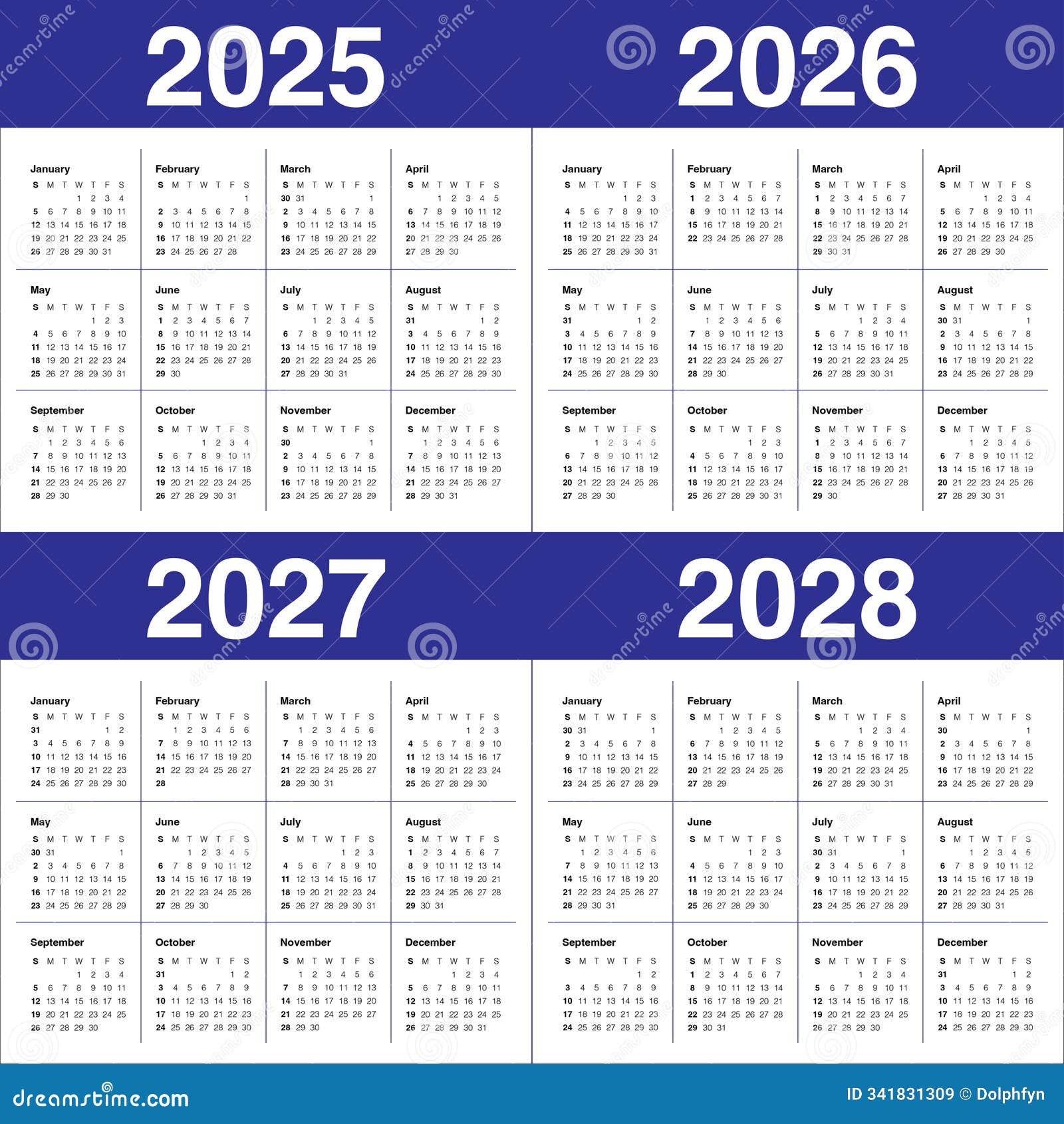 2025 2026 2027 2028 Year Calendar Vector Design Template Stock Vector ...