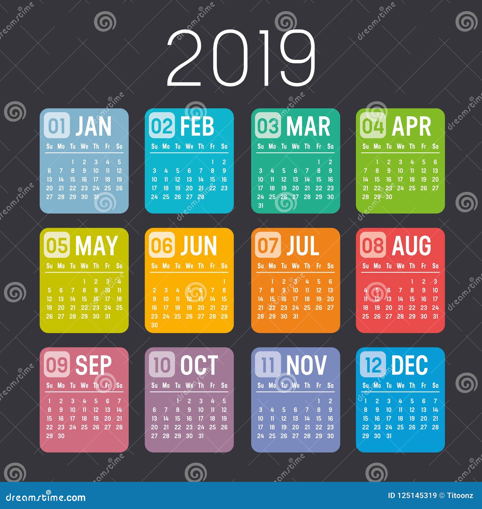 Year 2019 Calendar Vector Template Stock Vector - Illustration of grey ...
