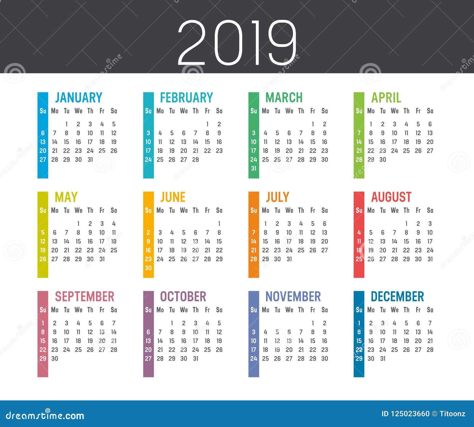 Year 2019 Calendar Vector Template Stock Vector - Illustration of ...