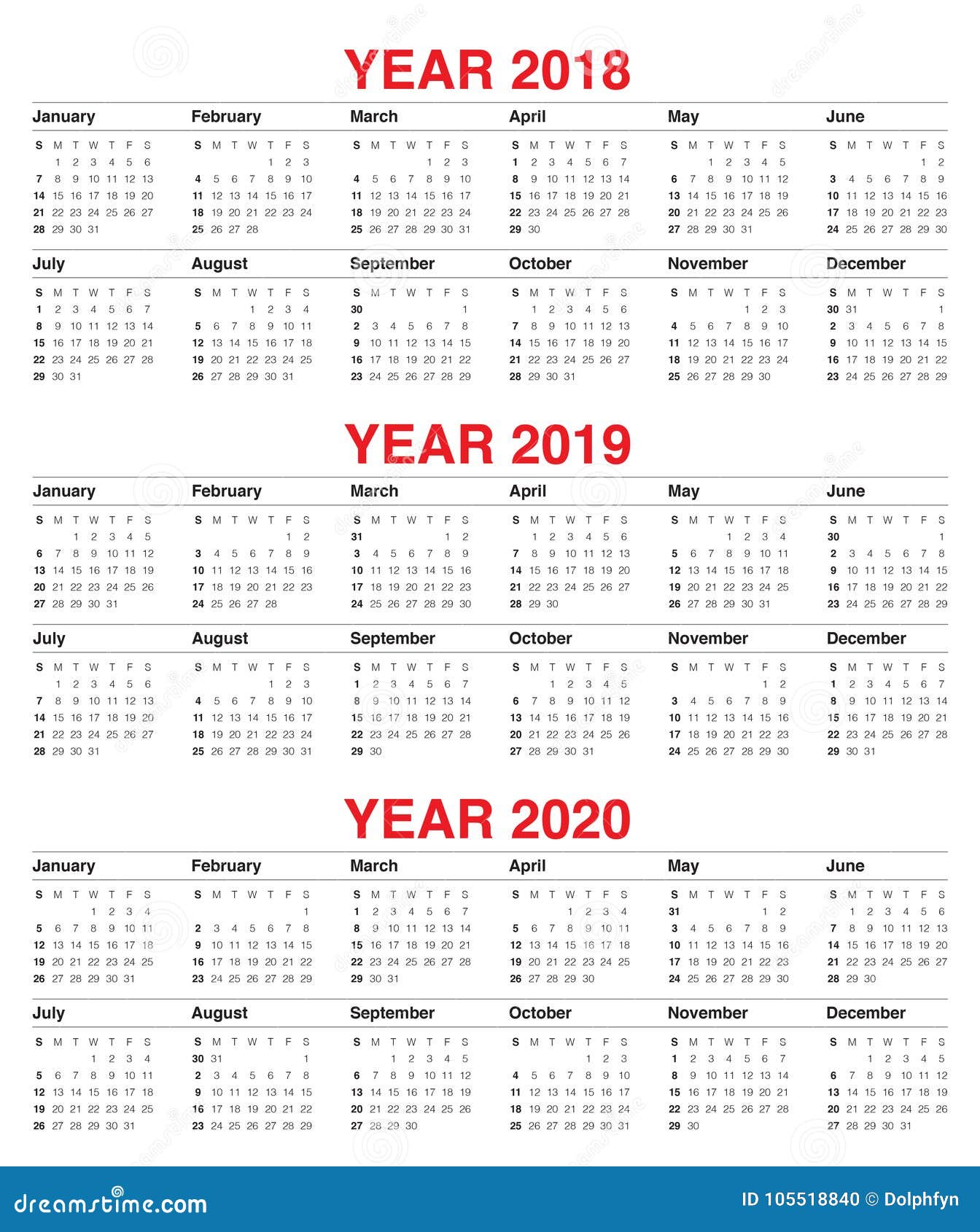 Year 2018 2019 2020 Calendar Vector Stock Vector - Illustration of ...