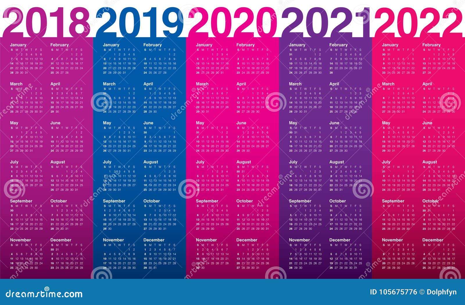 Year 2018 2019 2020 2021 2022 Calendar Vector Stock Vector ...