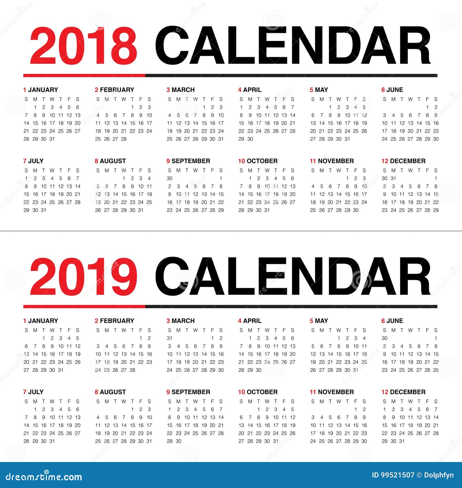 Year 2018 2019 Calendar Vector Stock Vector - Illustration of year ...
