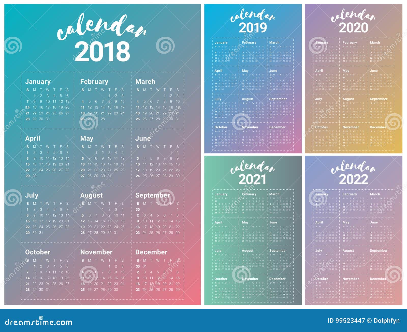 Year 2018 2019 2020 2021 2022 Calendar Vector Stock