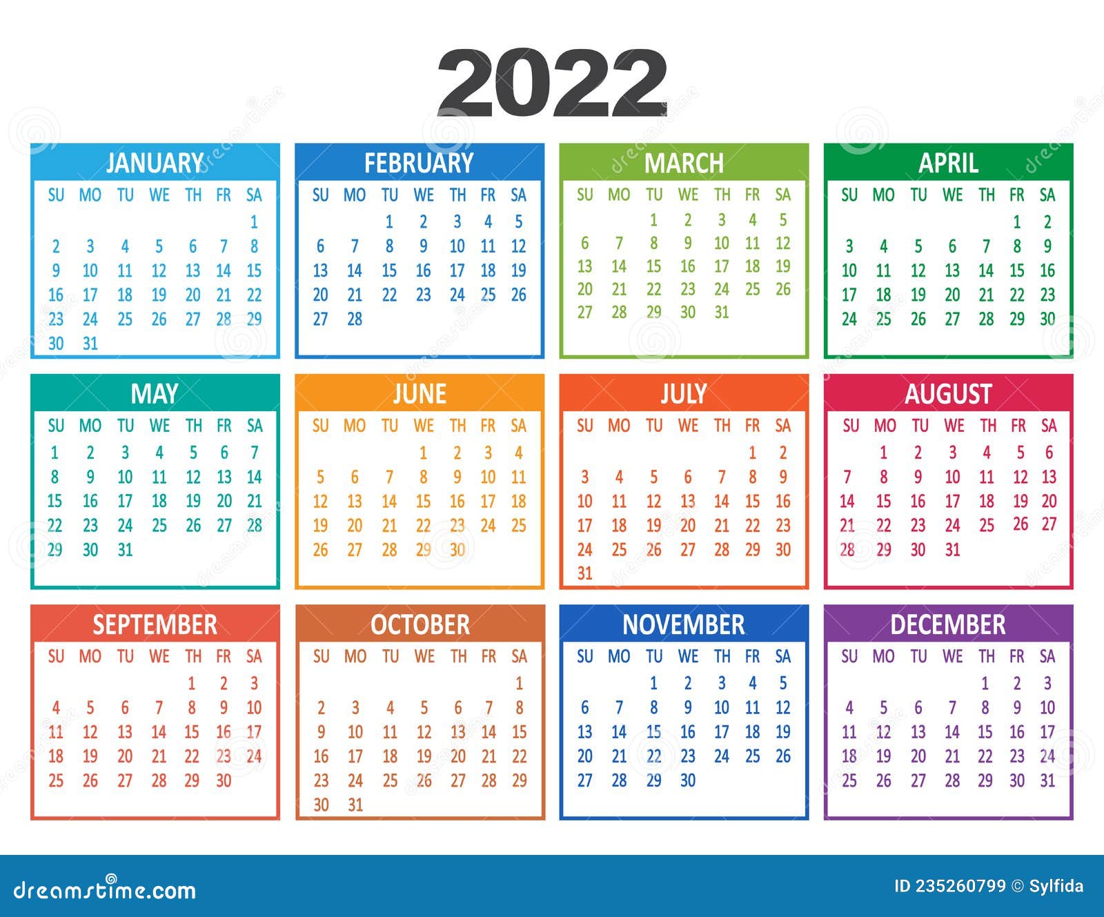 2022 Year Calendar. Week Starts on Sunday Template Stock Vector ...