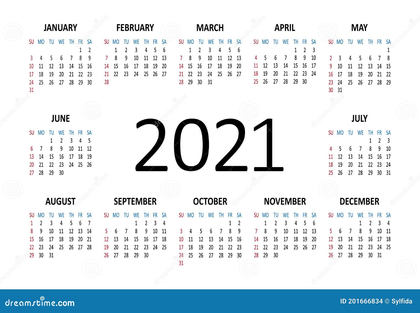 2021 Year Calendar. Week Starts on Sunday Stock Illustration ...