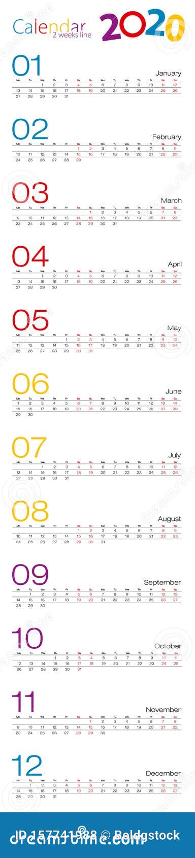Year 2020 Calendar, 2 Weeks Line for Different Design Stock Vector ...