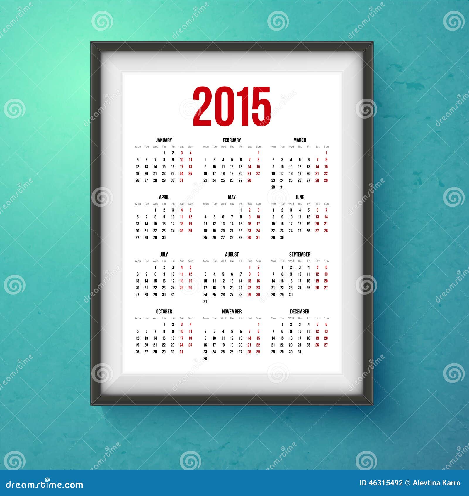 2015 Year Calender. Realistic Photo Frame on the Wall Stock Vector ...