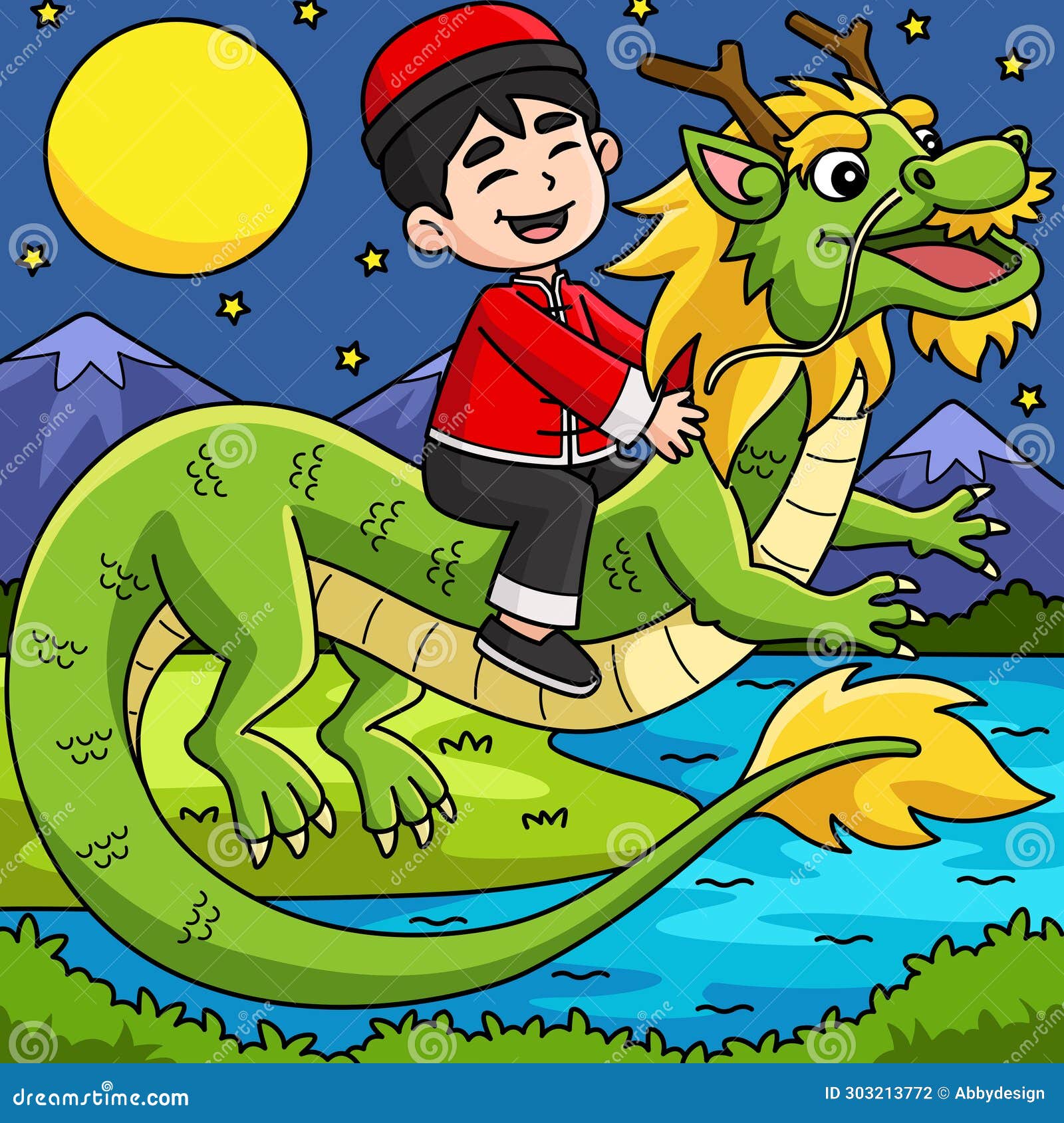 Year of the Dragon Boy Riding a Dragon Colored Stock Illustration ...