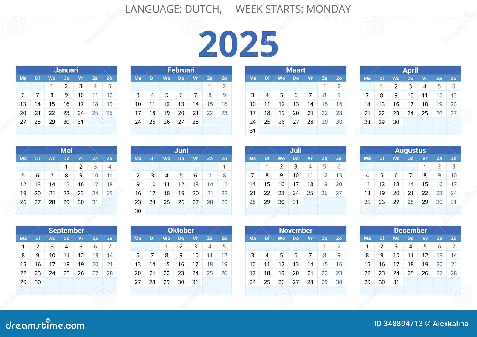 2025 Dutch Calendar. Printable, Editable Vector Illustration Dutch. 12 ...