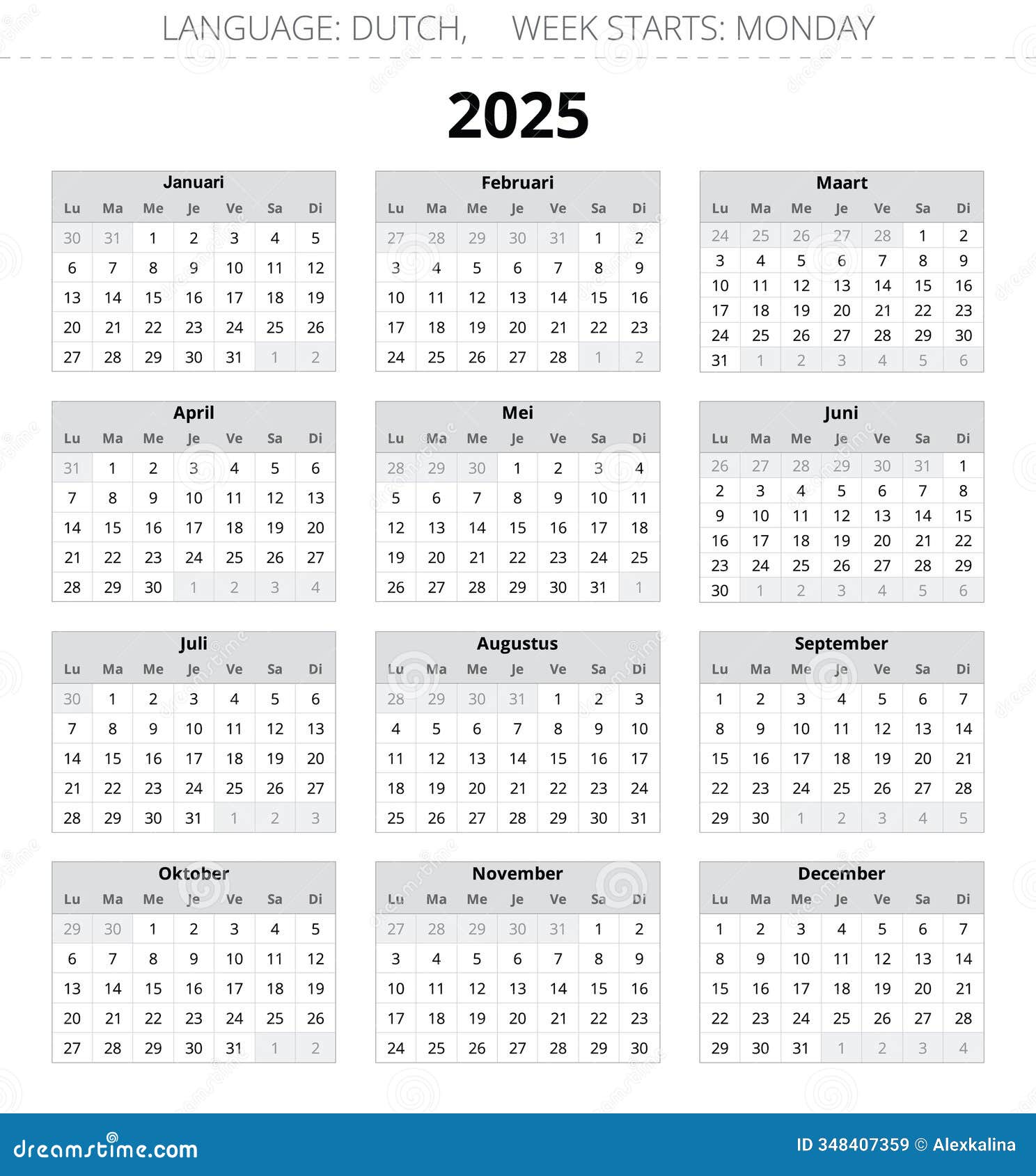 2025 Year Dutch Calendar. Vector Illustration Dutch. 12 Months Kalender ...