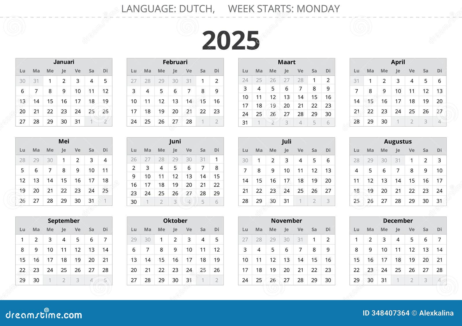 2025 Year Dutch Calendar. Vector Illustration Dutch. 12 Months Kalender ...