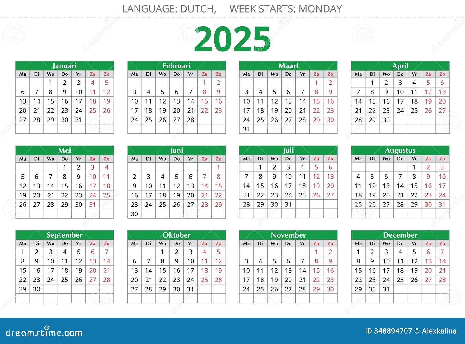 2025 Dutch Calendar. Printable, Editable Vector Illustration Dutch. 12 ...
