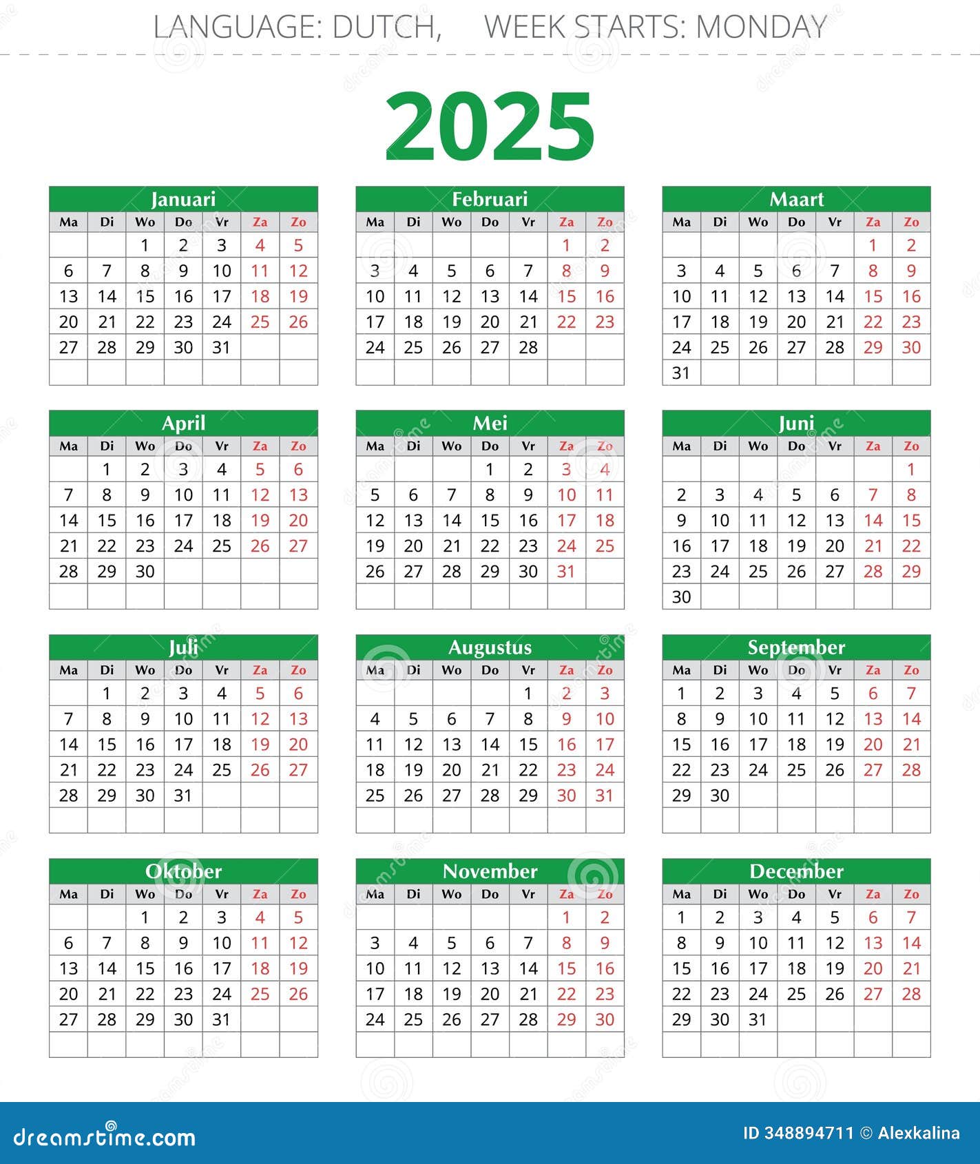 2025 Year Dutch Calendar, Vector Illustration Dutch, 12 Months Kalender ...