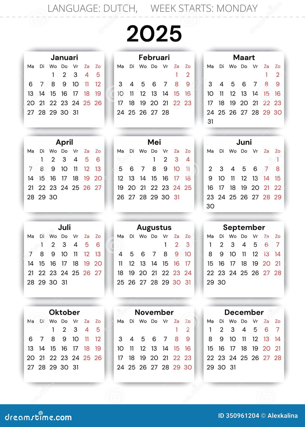 2025 Year Dutch Calendar. Vector Illustration. 12 Months Kalender For ...